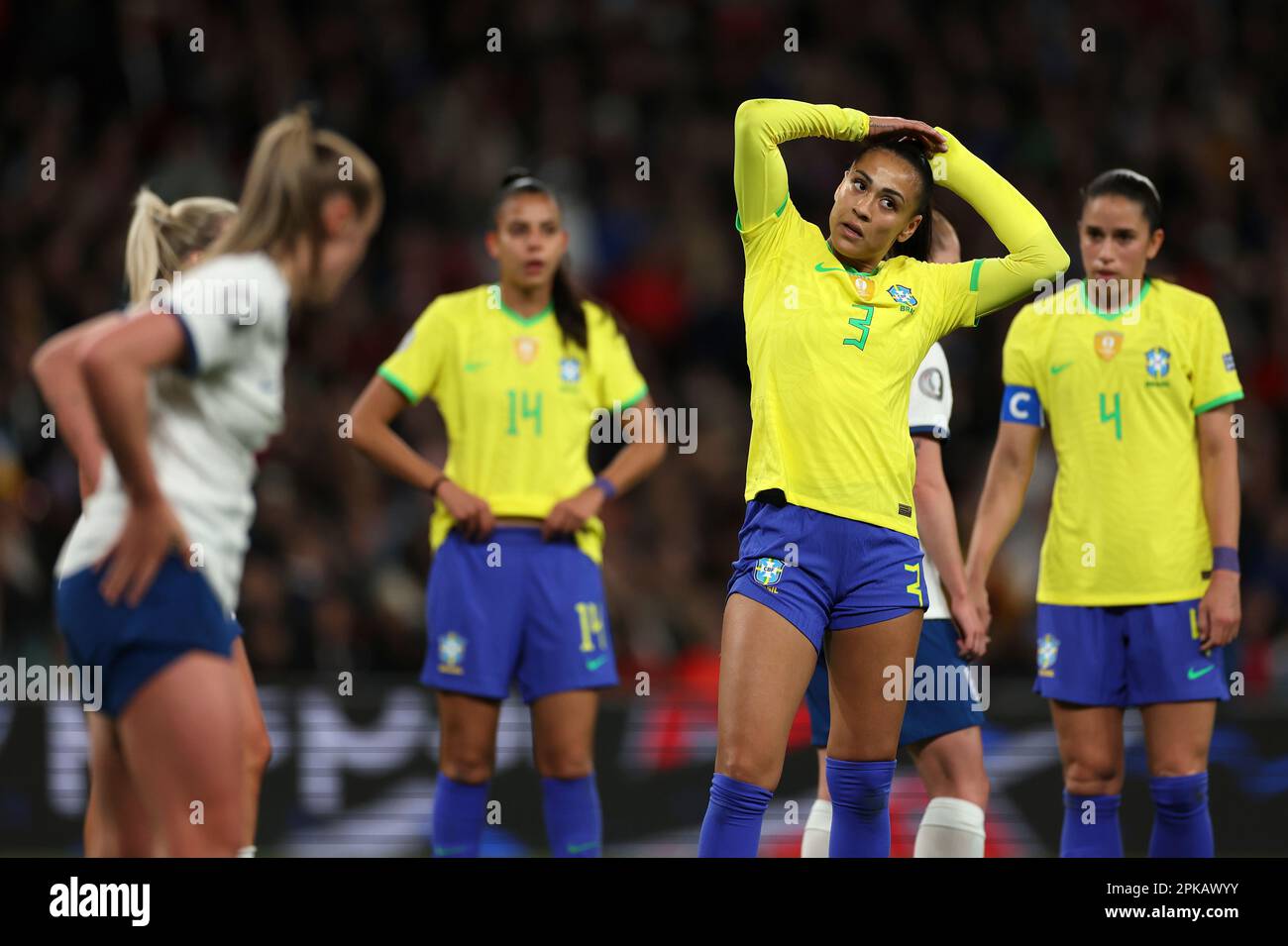 Brazil's Kathellen fixes her hair as she waits for a corner during the Women's Finalissima ...