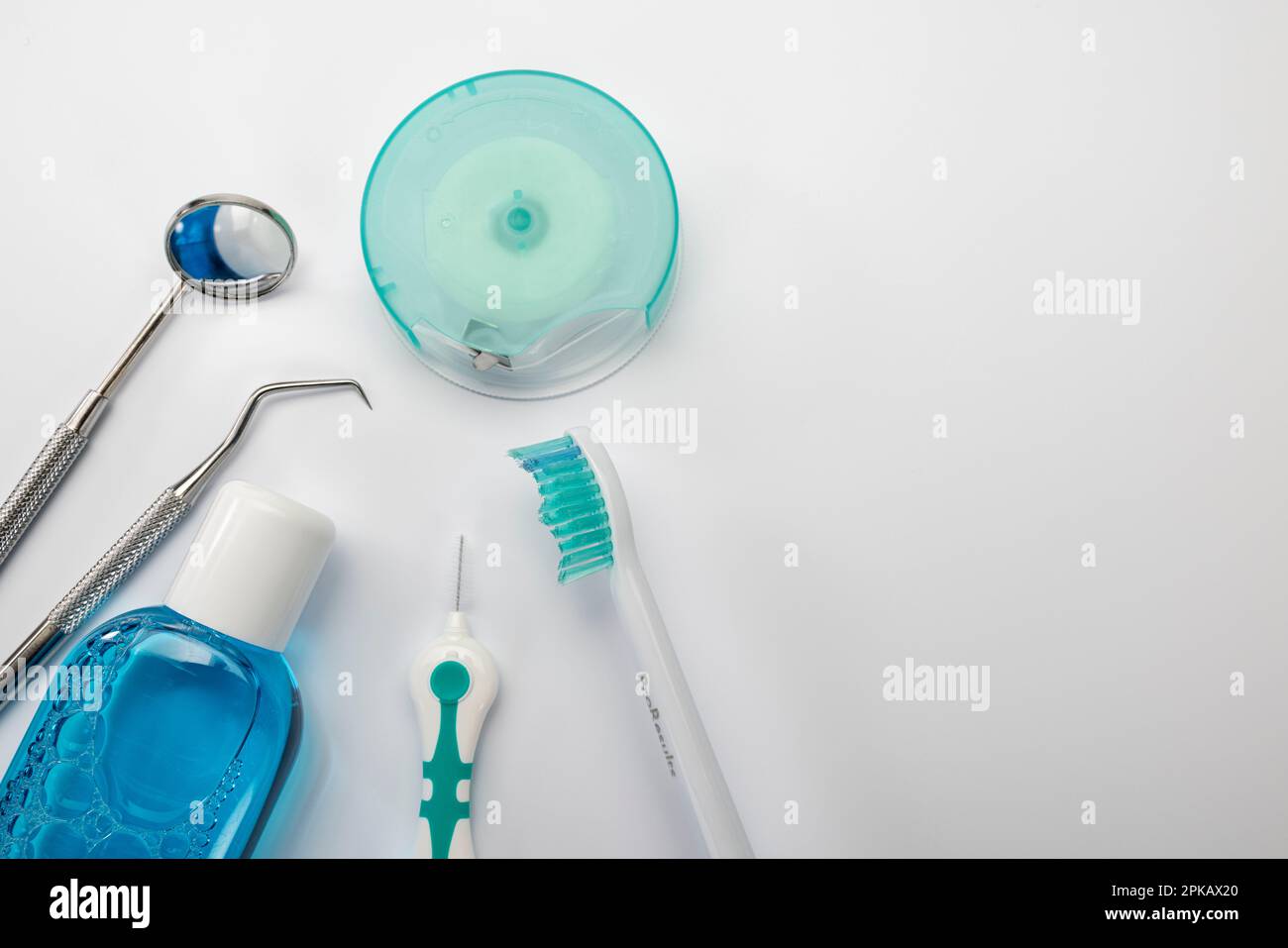 Various dental care products, mouth rinse, dental mirror, mouth probe ...