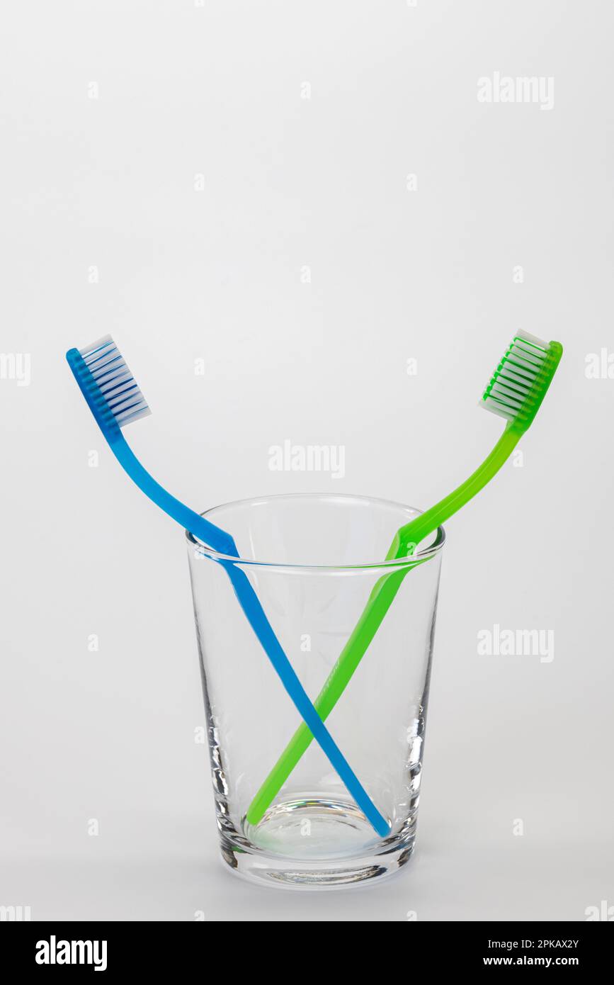 Two toothbrushes in toothbrush cup, symbol image, teeth cleaning, white ...