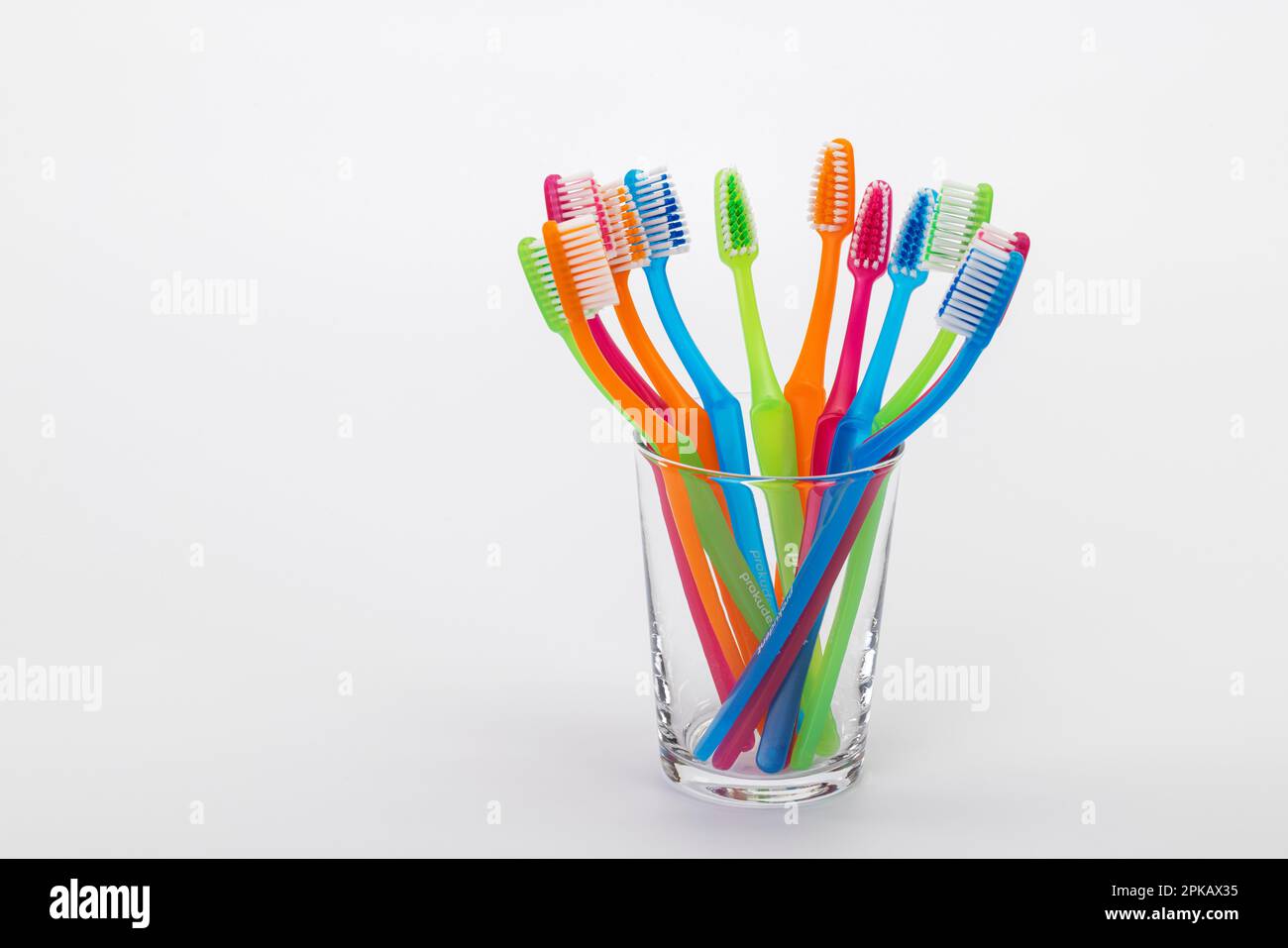 Many different color toothbrushes in toothbrush cup, symbol image ...