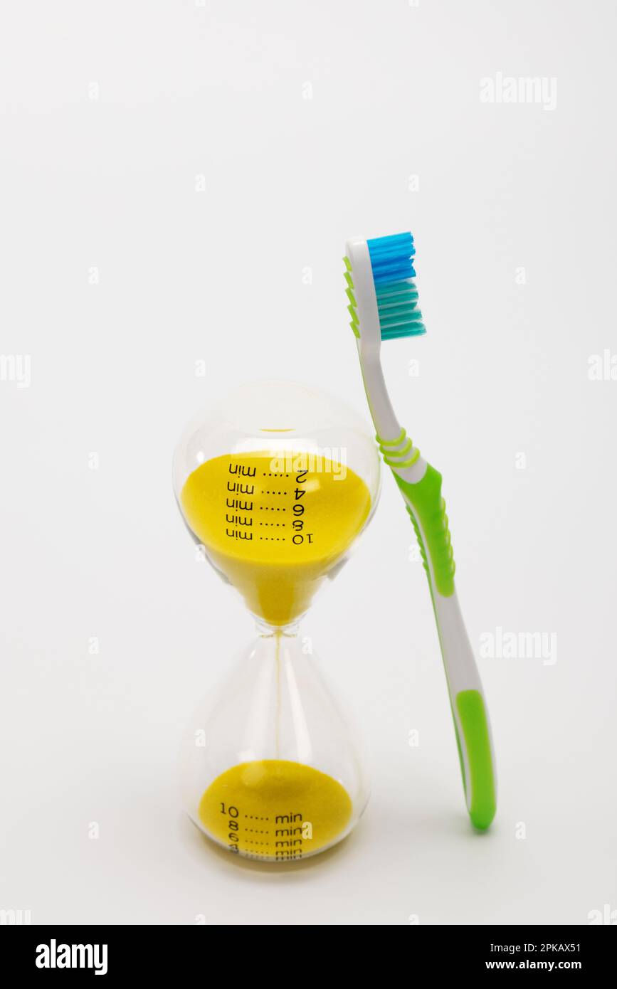 Hourglass with time display, yellow, toothbrush, symbol image, tooth ...