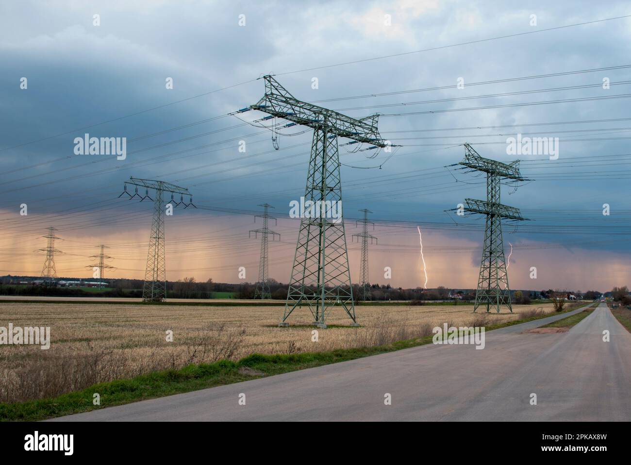 Lightning strikes behind power pylons, Wolmirstedt substation ...