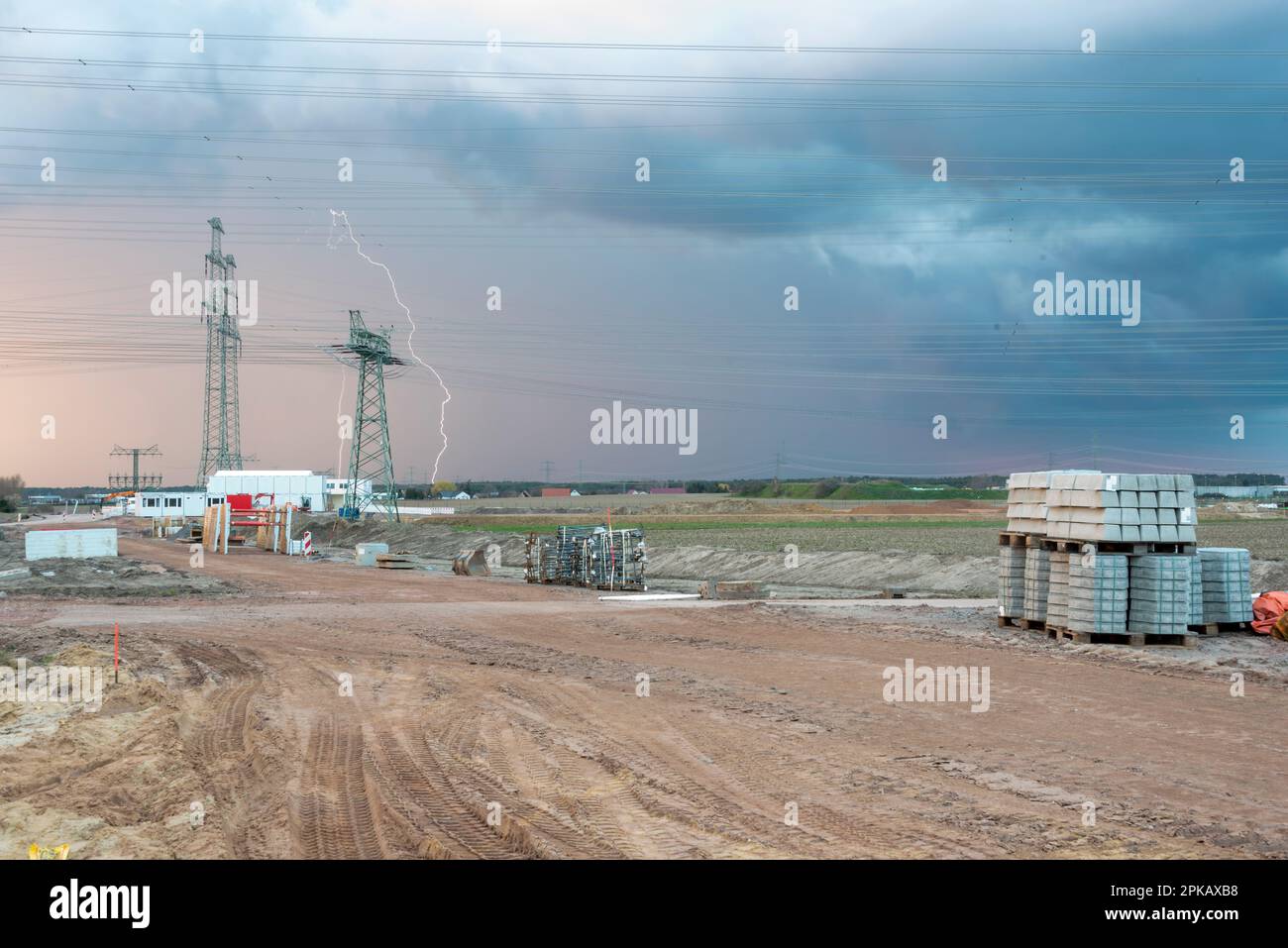 Lightning strikes behind power pylons, Wolmirstedt substation ...