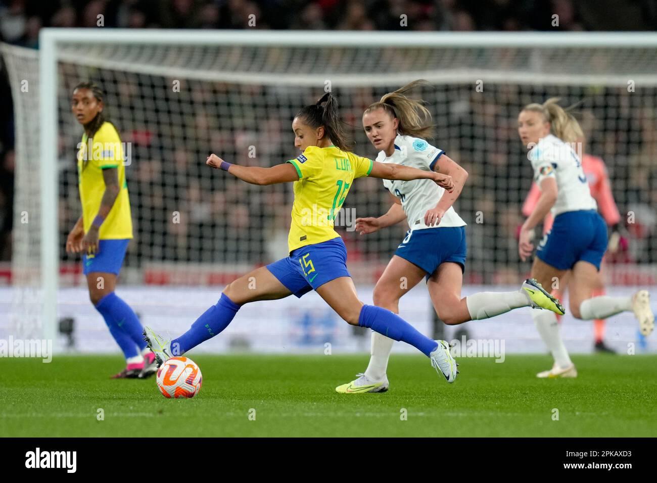 Brazil's Luana takes a shot next to England's Georgia Stanway during ...
