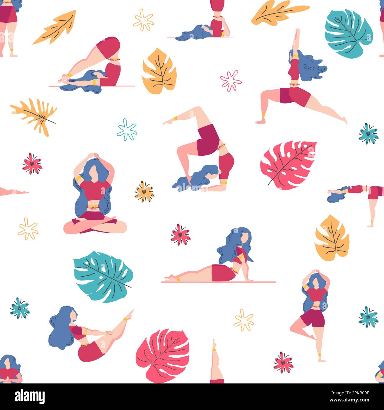 Yoga seamless pattern woman is engaged. Yoga poses, lotus, monstera ...