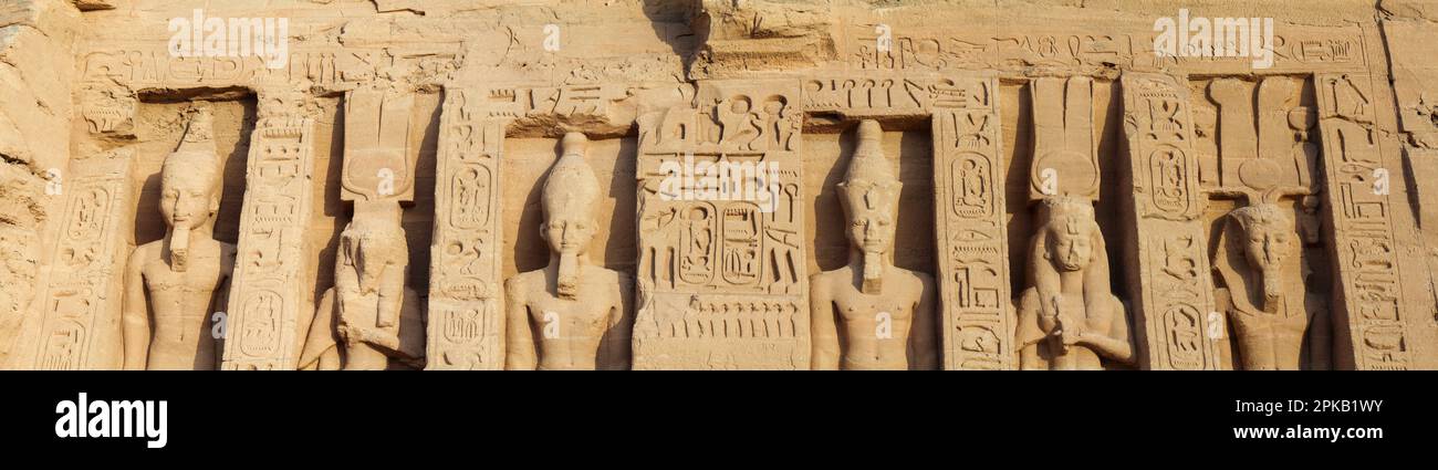 Panorama of statues at Nefertari temple in Abu Simbel, Egypt Stock ...