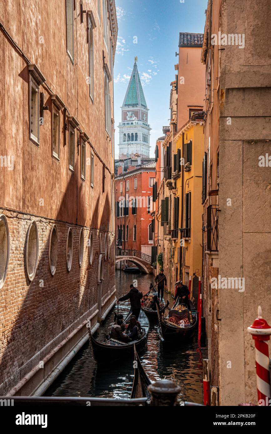 Scenic view of the Campanile on St Marks Square from a narrow canal, Venice, Italy Stock Photo ...