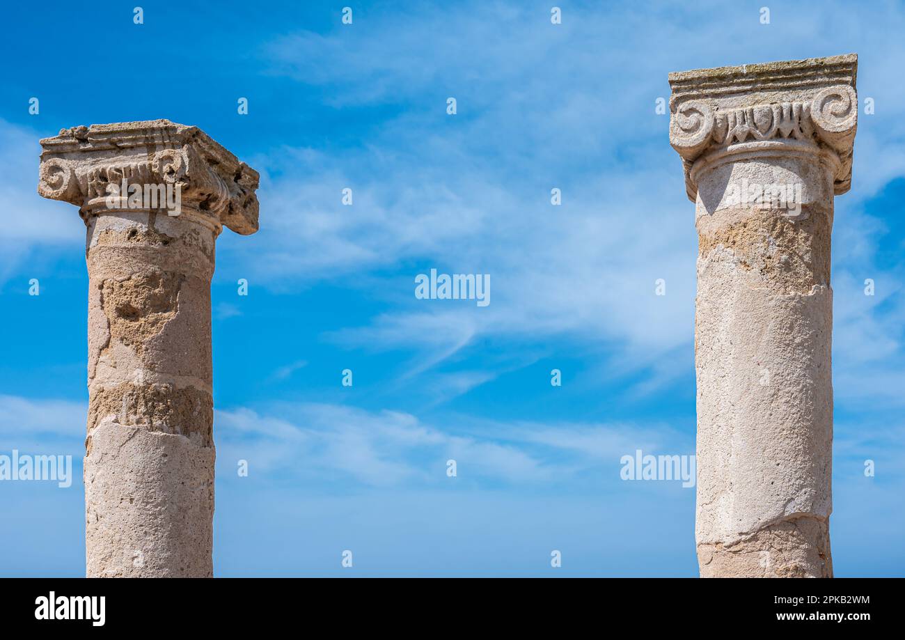 Paphos, Paphos District, Cyprus - March 23 , 2023 - Two stone columns ...