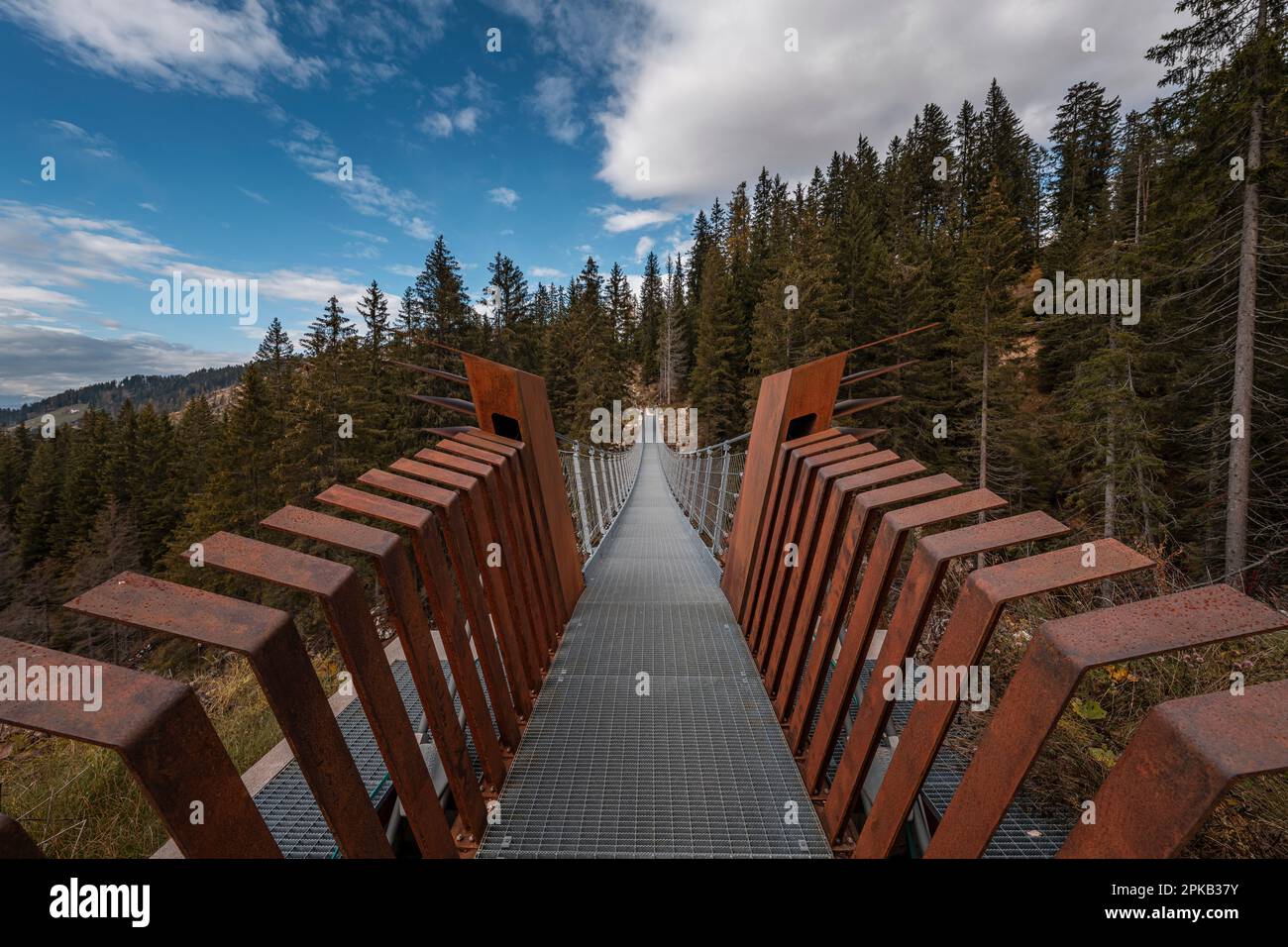 Suspension bridge, Karersee, Dolomites, South Tyrol, Italy, autumn ...