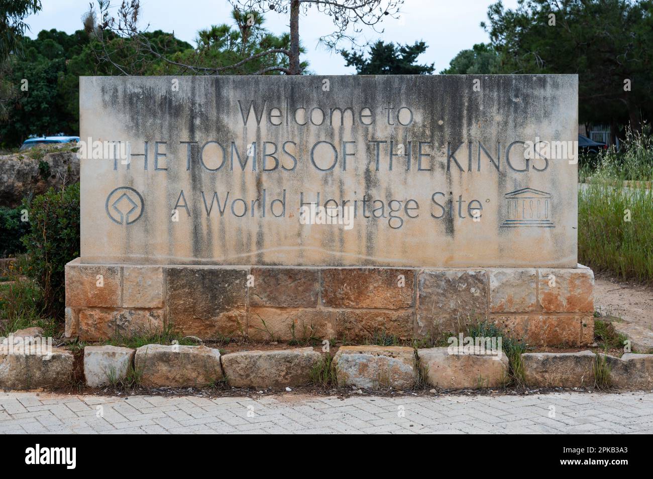 Paphos, Paphos District, Cyprus, March 23, 2023 - Stone sign at the ...