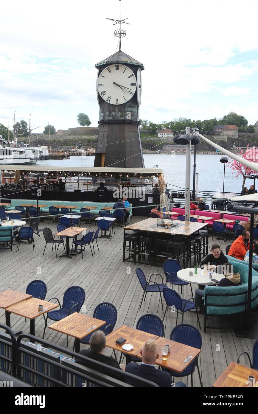 Oslo, Norway, Stranden, historical clock, harbor Stock Photo - Alamy