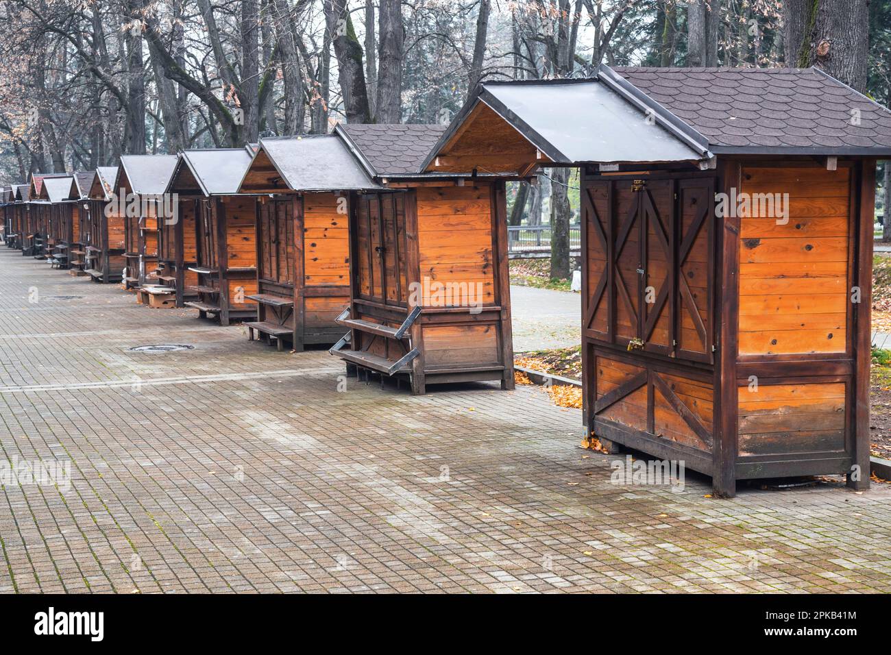Closed wooden market stalls for souvenirs sale Stock Photo - Alamy