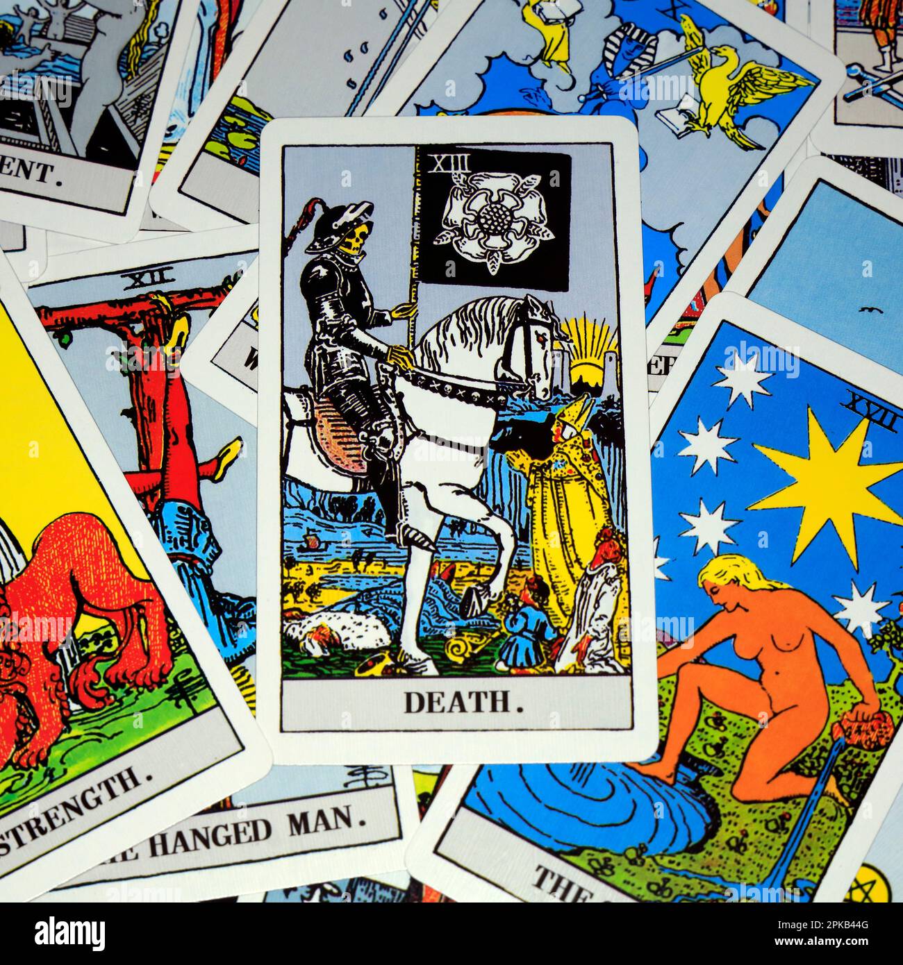 Tarot cards-scattered arrangement with Death card on the top, centre ...