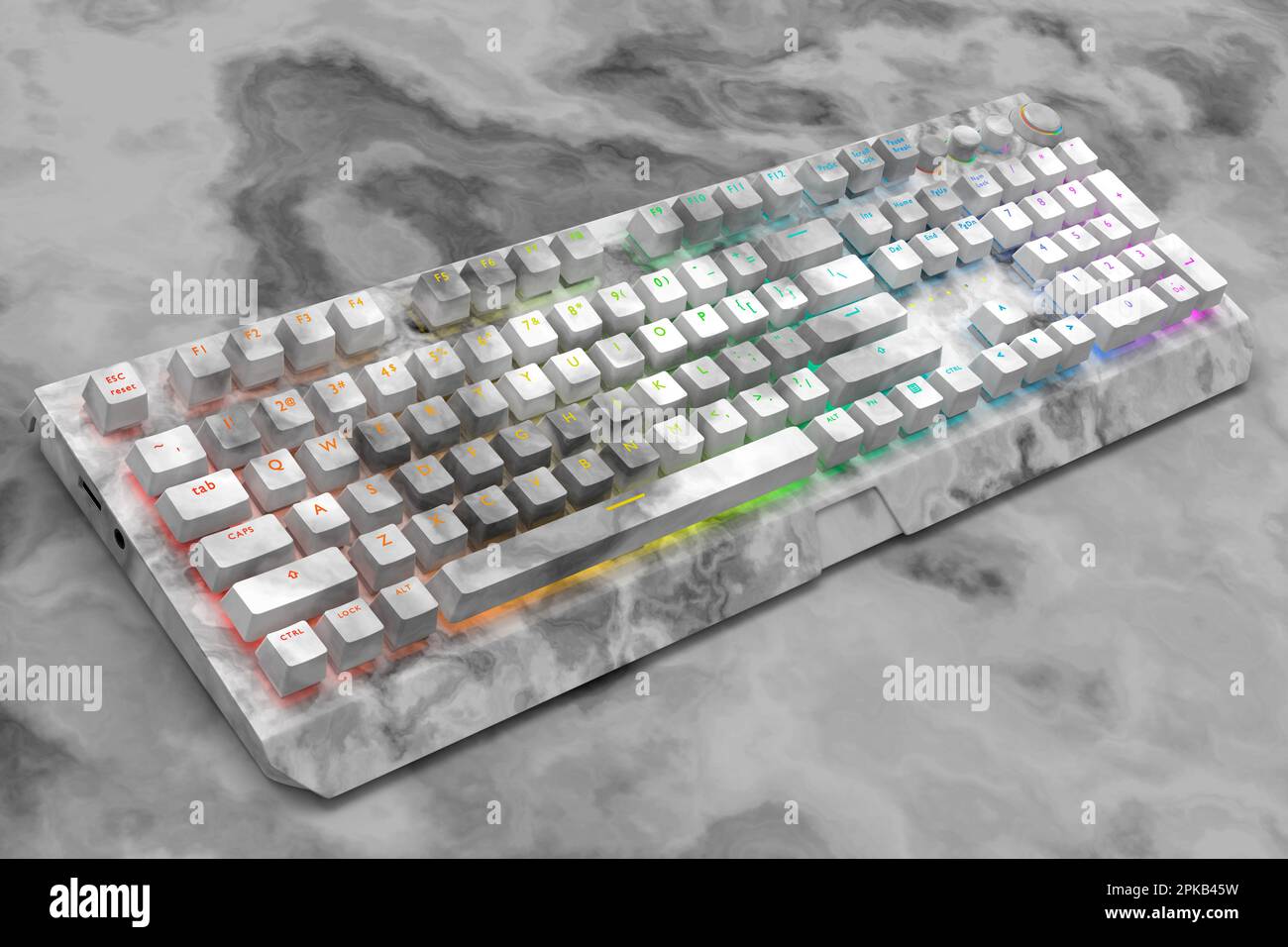 Realistic computer keyboard with black marble texture isolated on dark ...