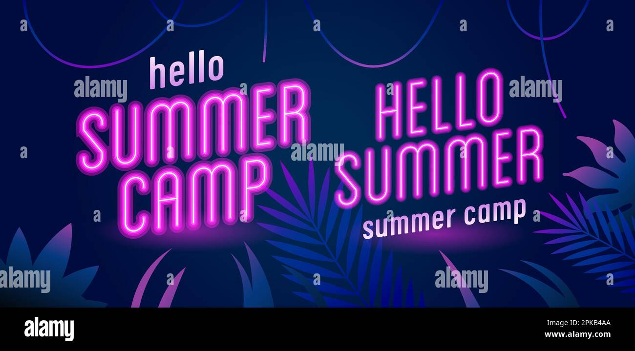 Neon pink letter Hello Summer and Summer Camp Template for advertising ...