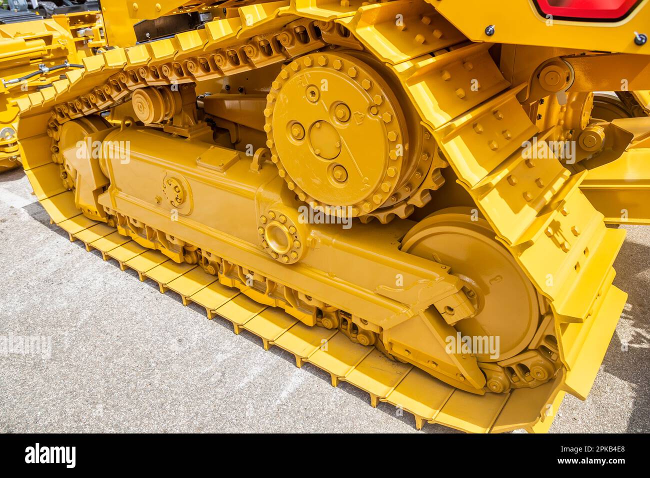 Yellow caterpillar, continuous metal tracks of the bulldozer Stock ...