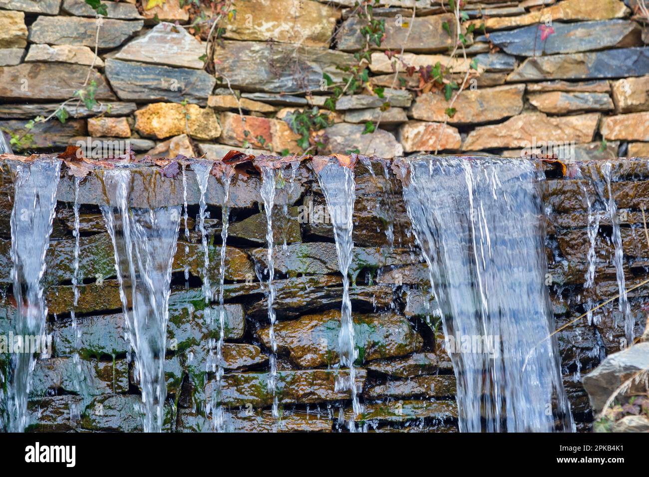 Streams of water flow over wet stones background. Water drips drop on ...