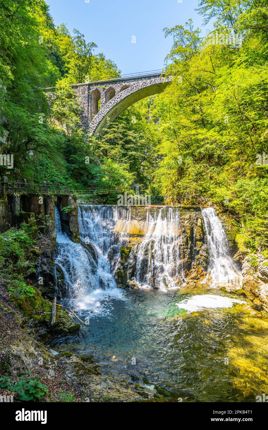 Stone railway viaduct over the Radovna river waterfall in the Vintgar ...