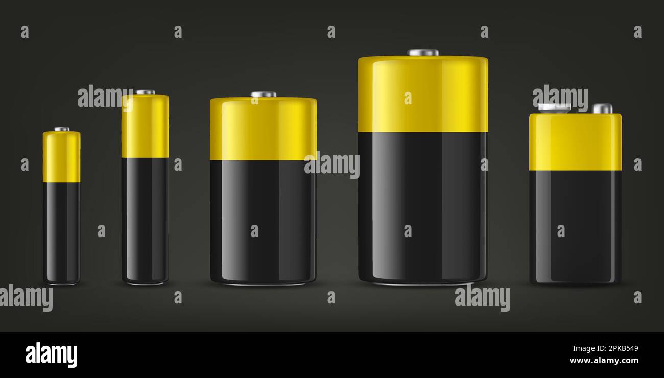 Vector 3d Realistic Black and Yellow Alkaline Battery Icon Set Closeup ...