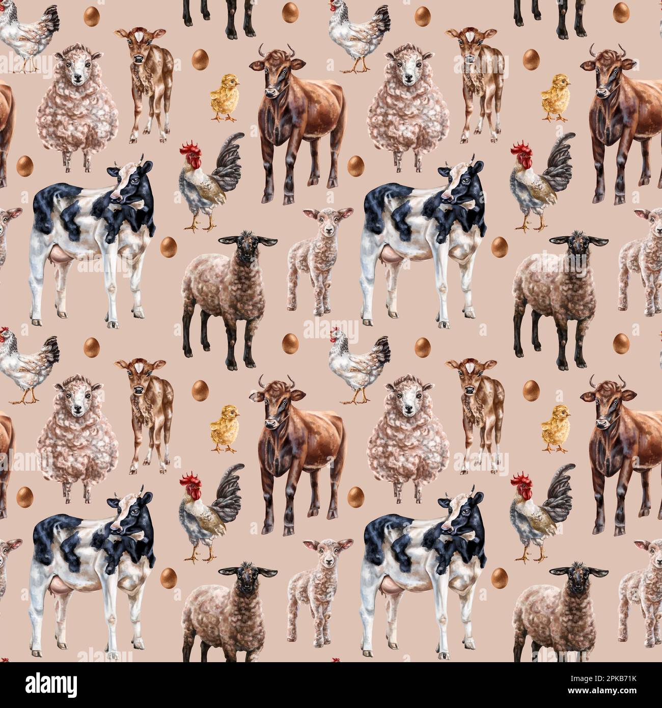 Seamless hand-drawn drawing with farm animals: cows, chickens and sheep ...