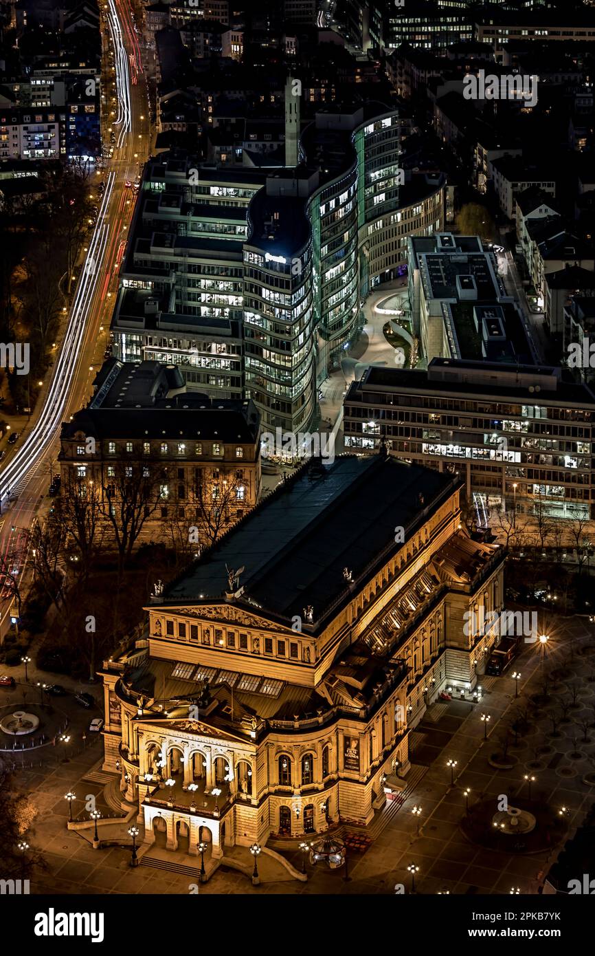 View from above of the illuminated Old Opera House in Frankfurt am Main ...