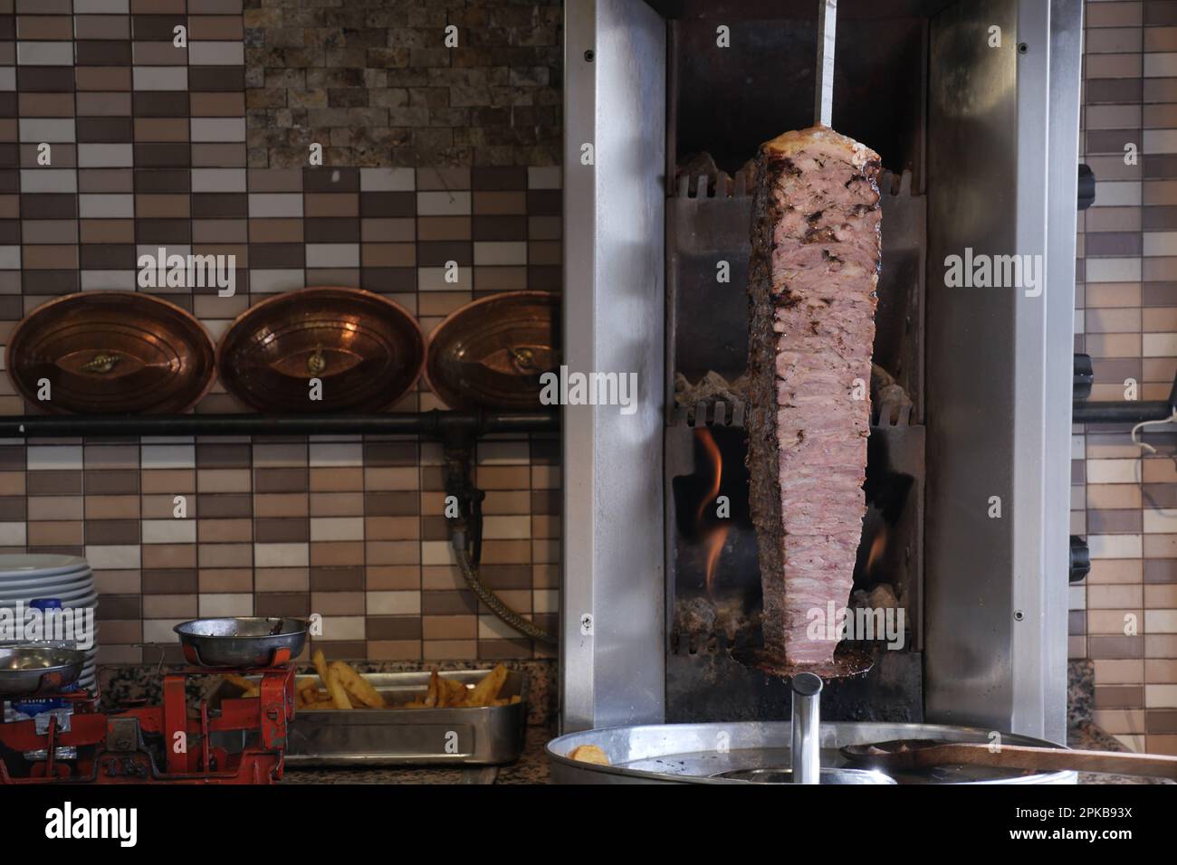 rotating traditional gyros meat close up Stock Photo - Alamy