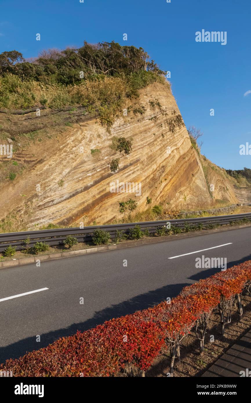Japan, Honshu, Izu-Oshima Island, Road and Stratum Section of Cliffs ...