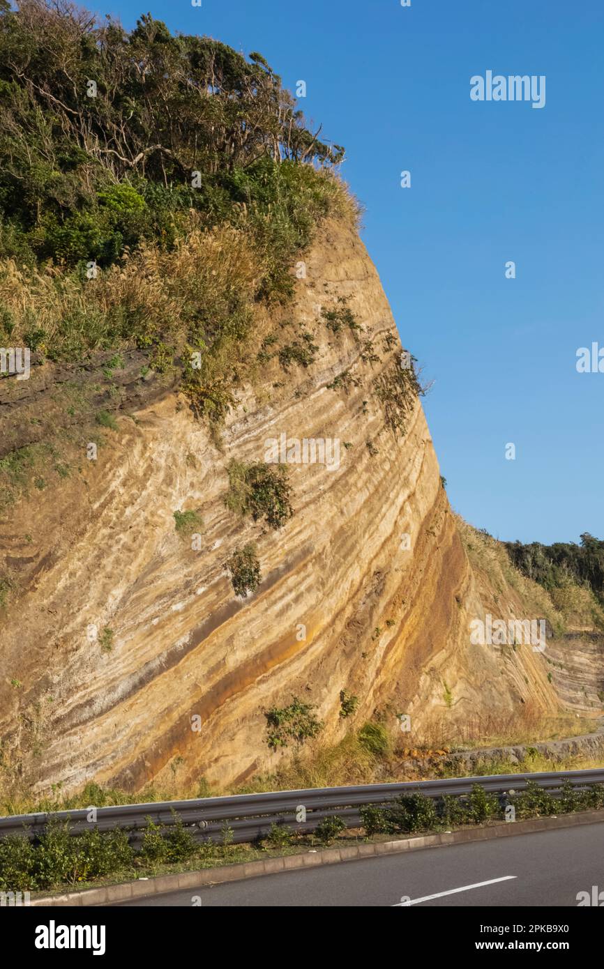 Japan, Honshu, Izu-Oshima Island, Road and Stratum Section of Cliffs ...