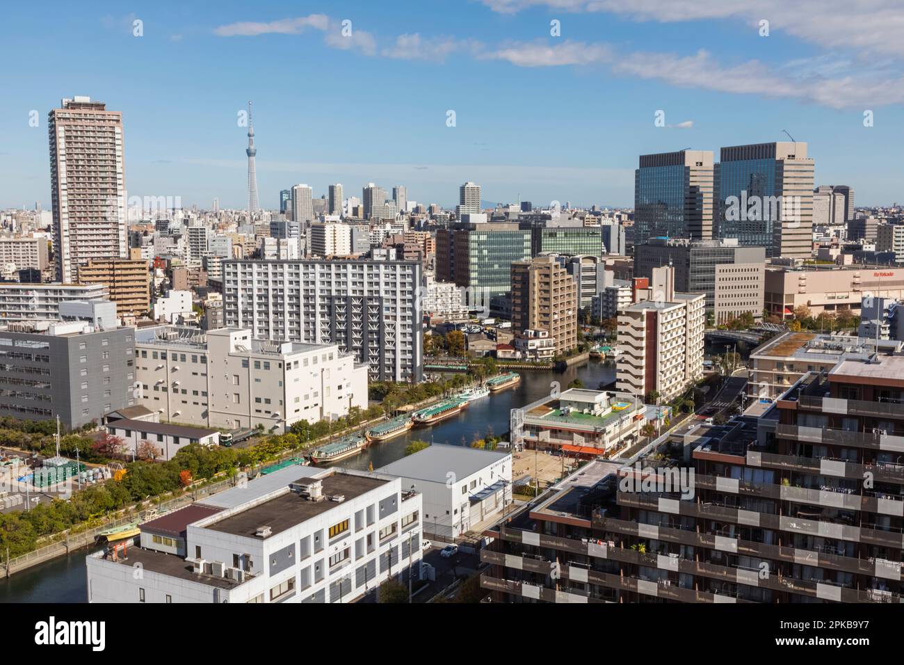 Japan, Honshu, Tokyo, Typical City Urban View and Tokyo Skytree Tower Scene from Toyosu Area ...