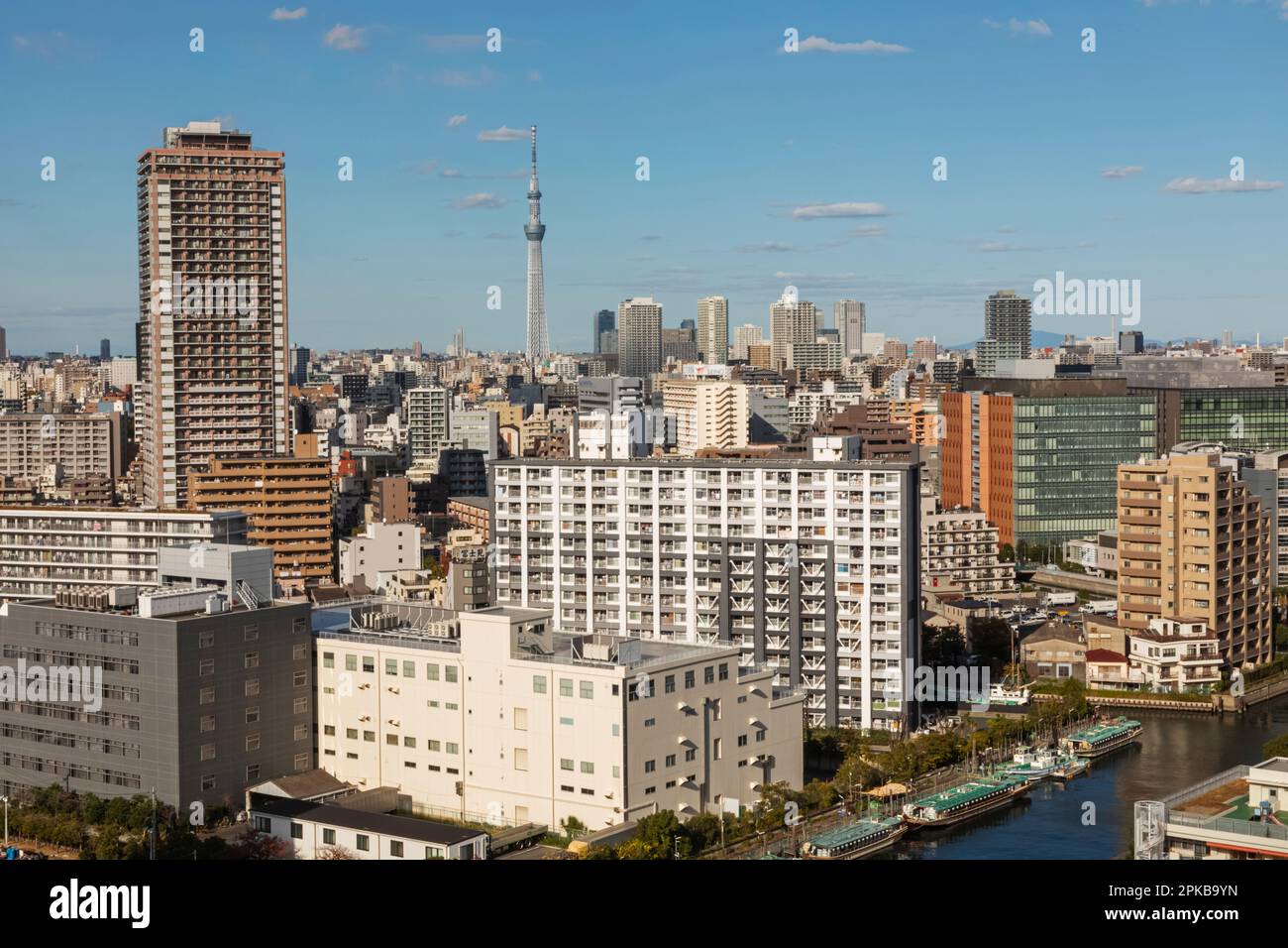 Japan, Honshu, Tokyo, Typical City Urban View and Tokyo Skytree Tower ...
