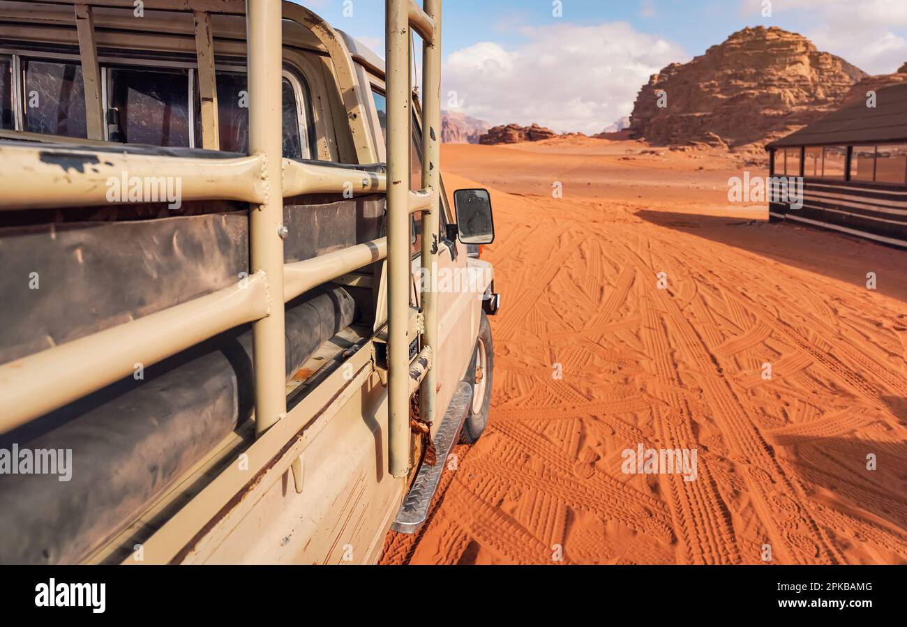 All terrain pickup truck for transporting tourists in Wadi Rum, closeup ...