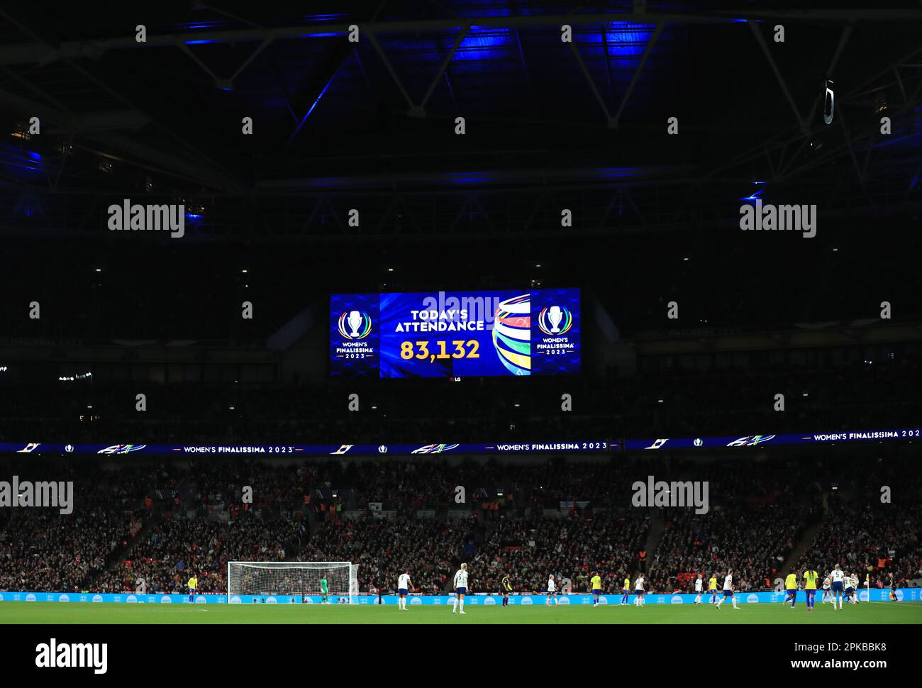 A general view of the big screen displaying an attendance of 83,132 ...