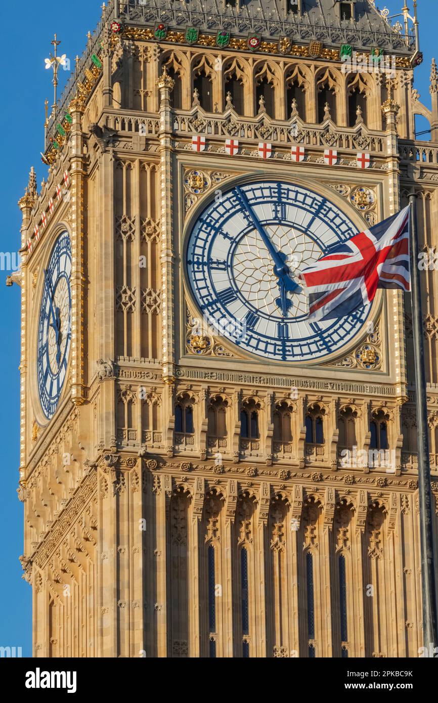 England, London, Westminster, Big Ben and Union Jack Flag Stock Photo ...