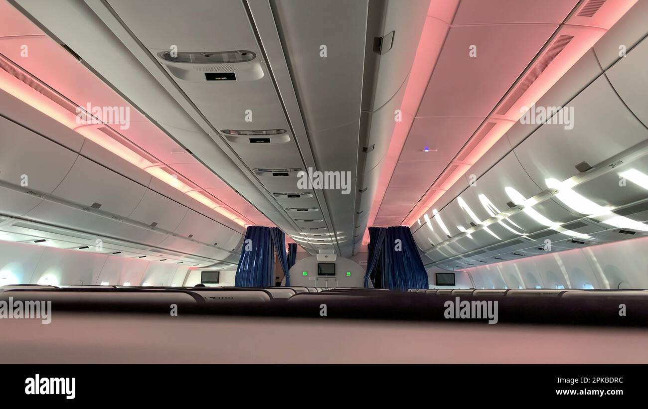 View of Airplane from passenger perspective. Empty plane Stock Photo ...