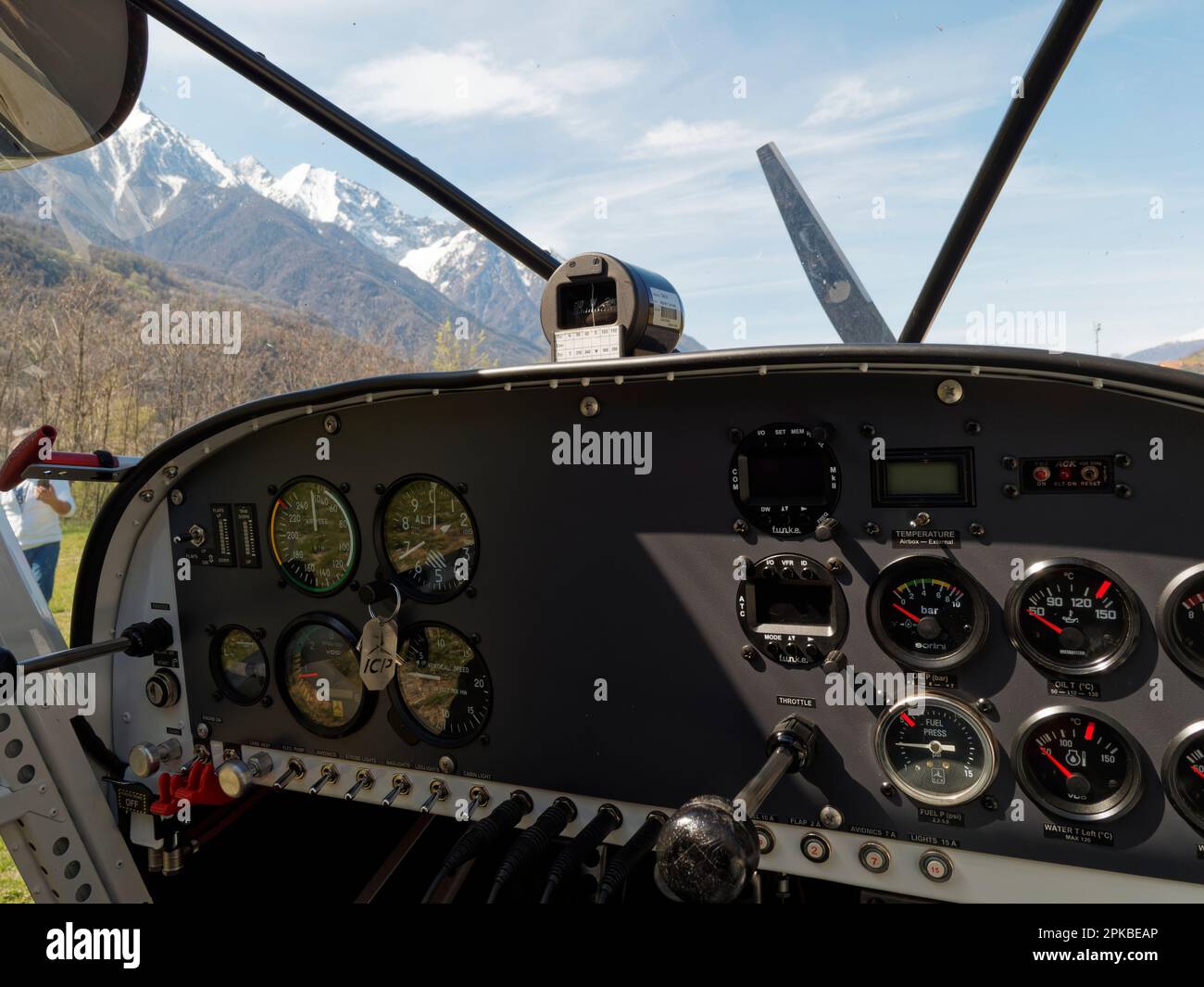 Light aircraft flight as seen from the cockpit, Aosta Valley, NW Italy ...