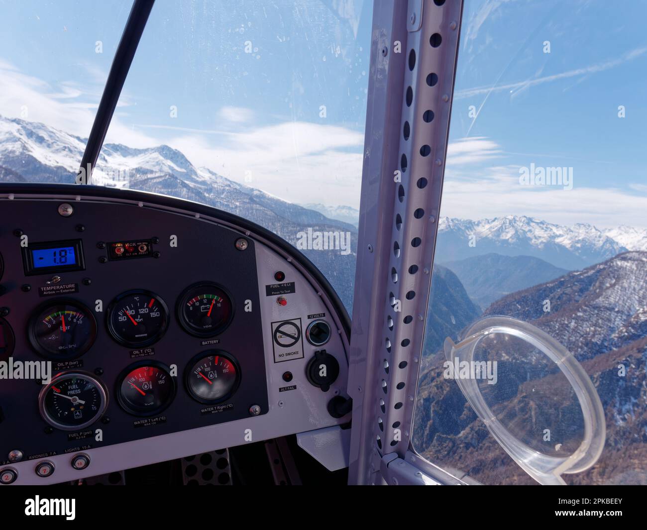 Light aircraft flight as seen from the cockpit, Aosta Valley, NW Italy ...