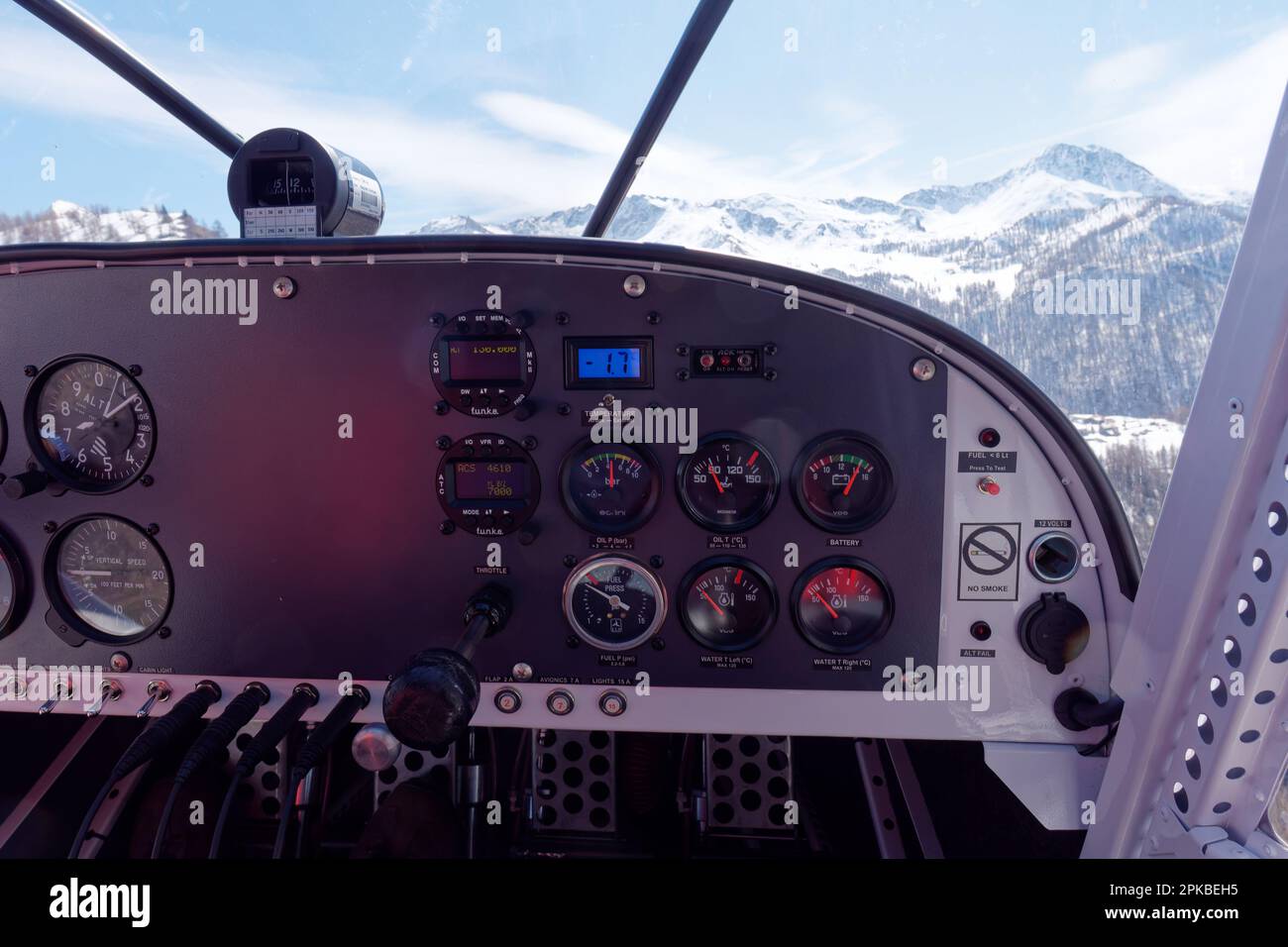 Light aircraft flight as seen from the cockpit, Aosta Valley, NW Italy ...