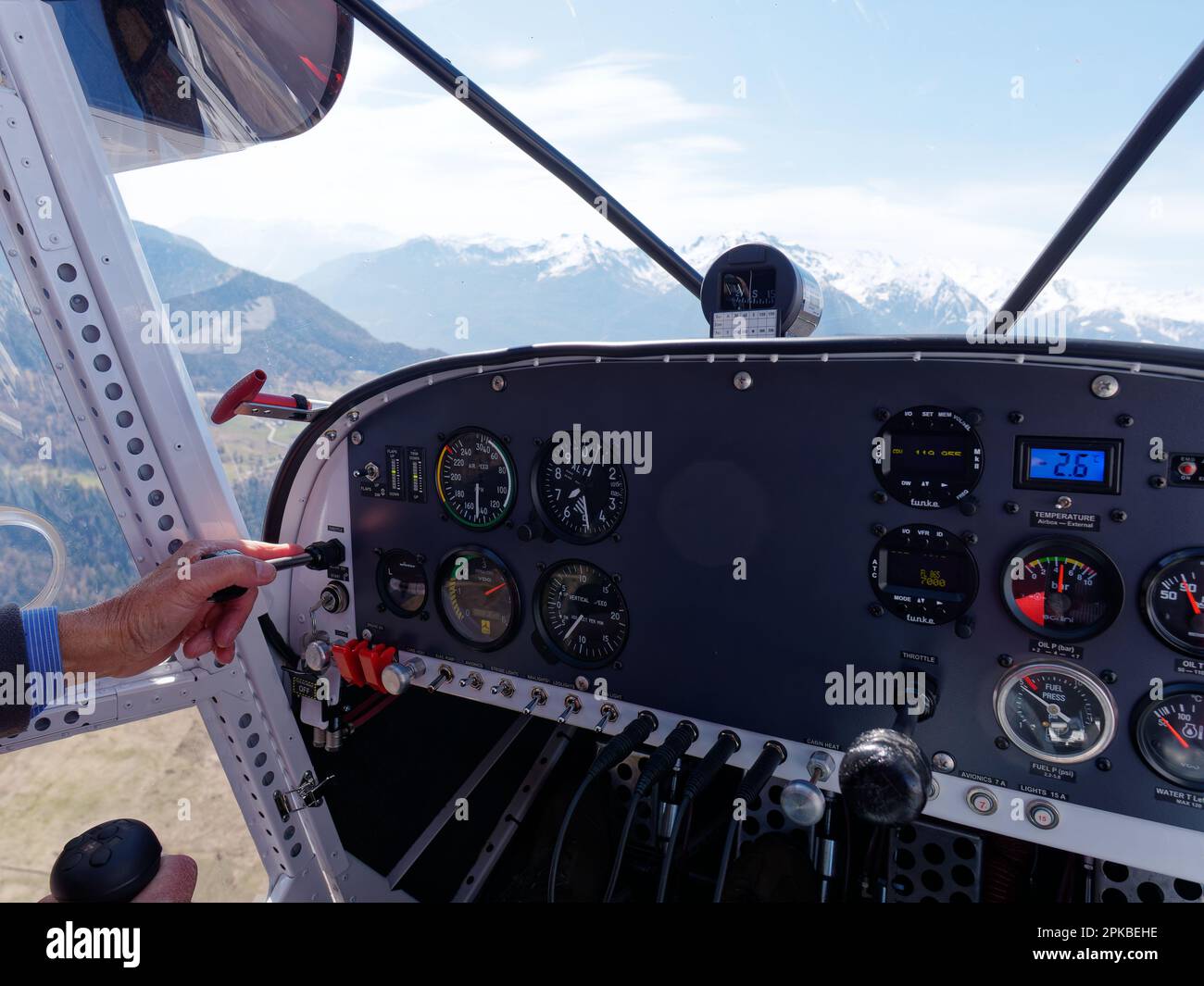 Light aircraft flight as seen from the cockpit, Aosta Valley, NW Italy ...