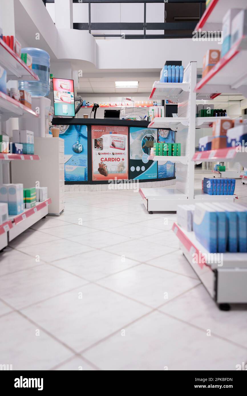 Empty health care facility with medicaments containers and supplements ...