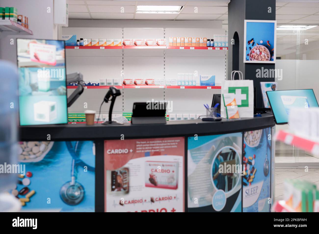 Drugstore with nobody in it full with pharmaceutical products and ...