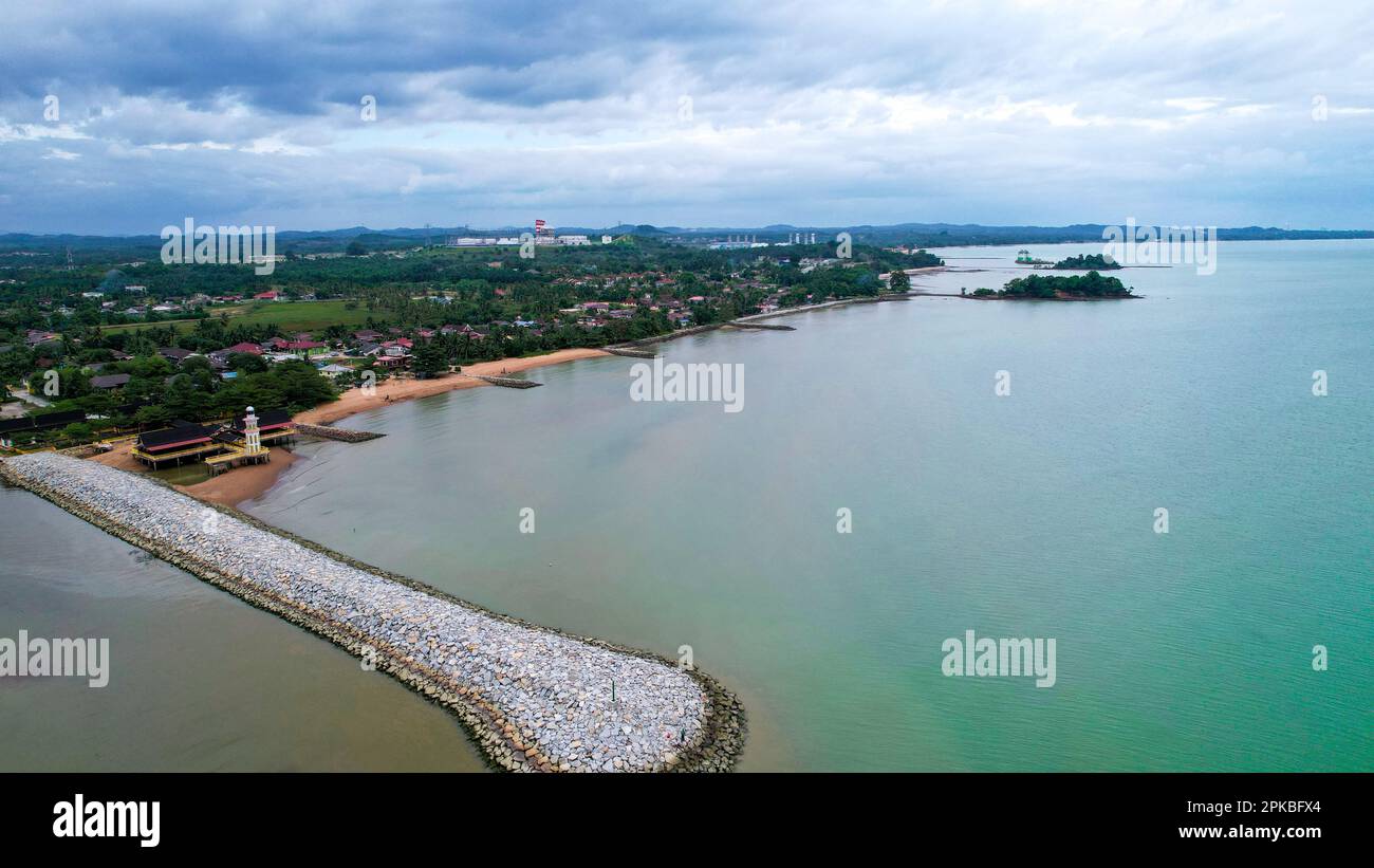 An aerial view of the sunny shore of the Linggi River in Malaysia Stock ...