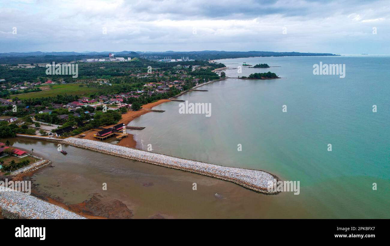 An aerial view of the sunny shore of the Linggi River in Malaysia Stock ...