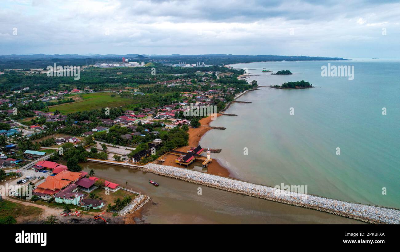 An aerial view of the sunny shore of the Linggi River in Malaysia Stock ...