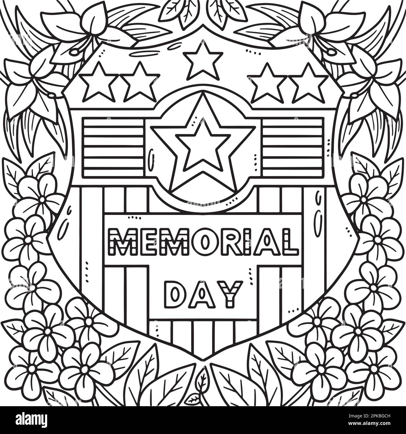 Memorial Day Flowers and Flag Badge Coloring Page Stock Vector Image ...
