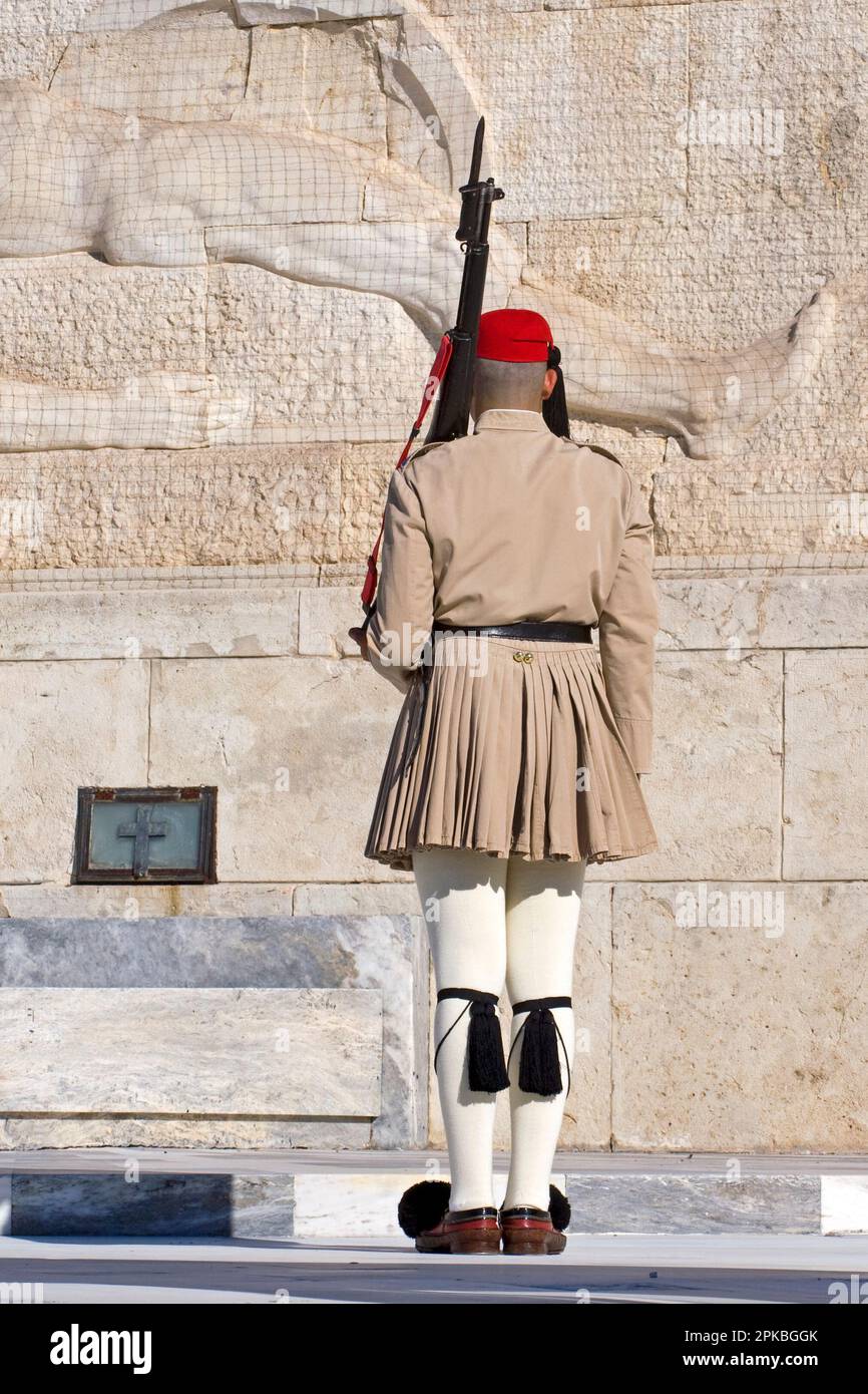 back of the Evzone soldiers at the post near the grave of the unknown ...