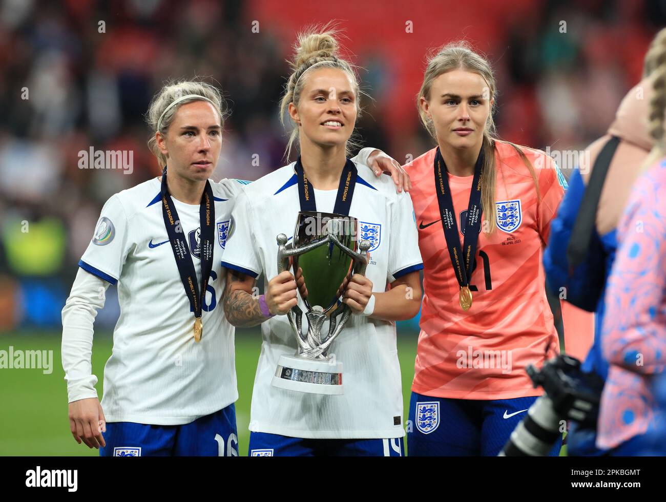 England's Jordan Nobbs, Rachel Daly and goalkeeper Hannah Hampton ...