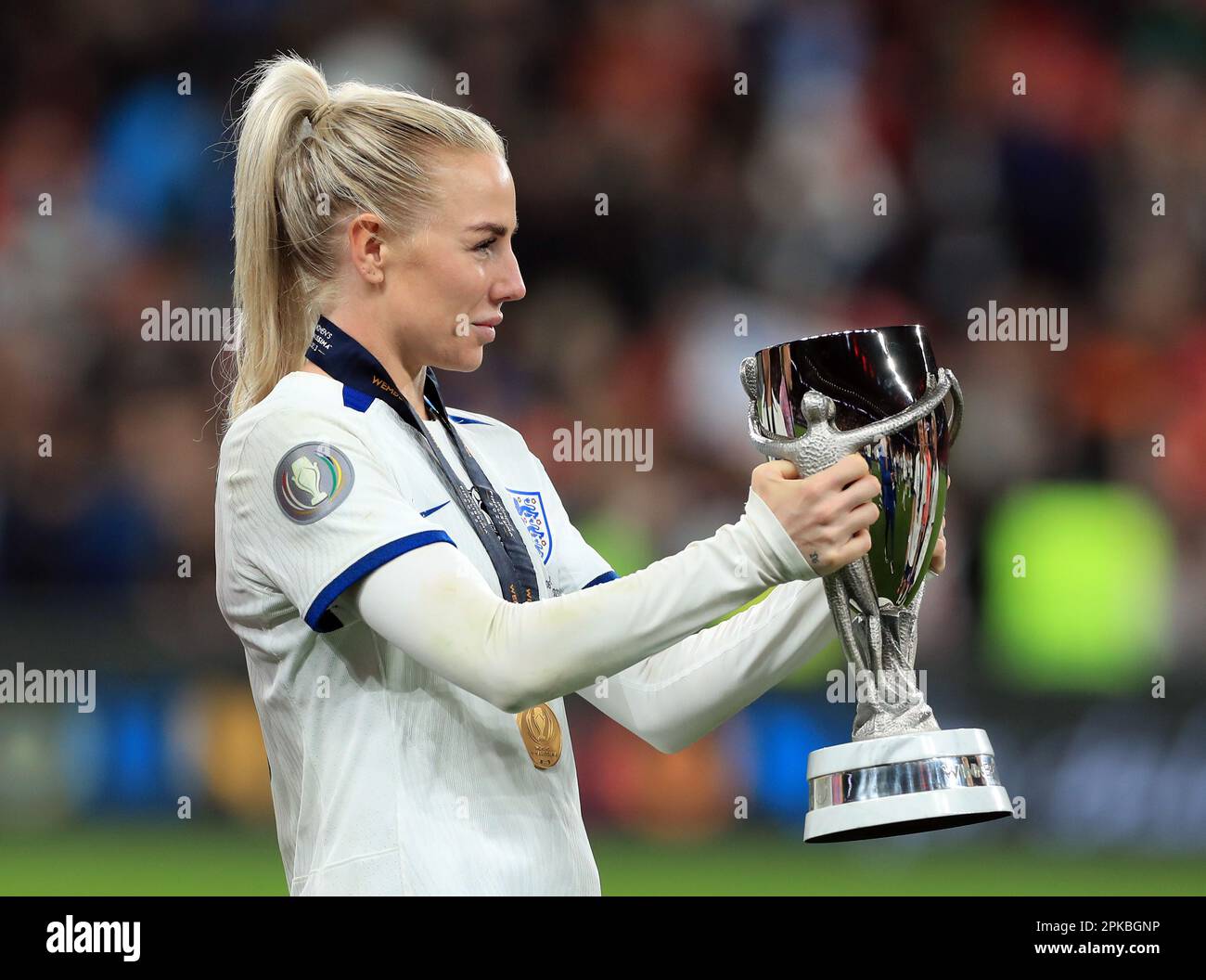 England's Leah Williamson lifts the trophy following the Women's ...
