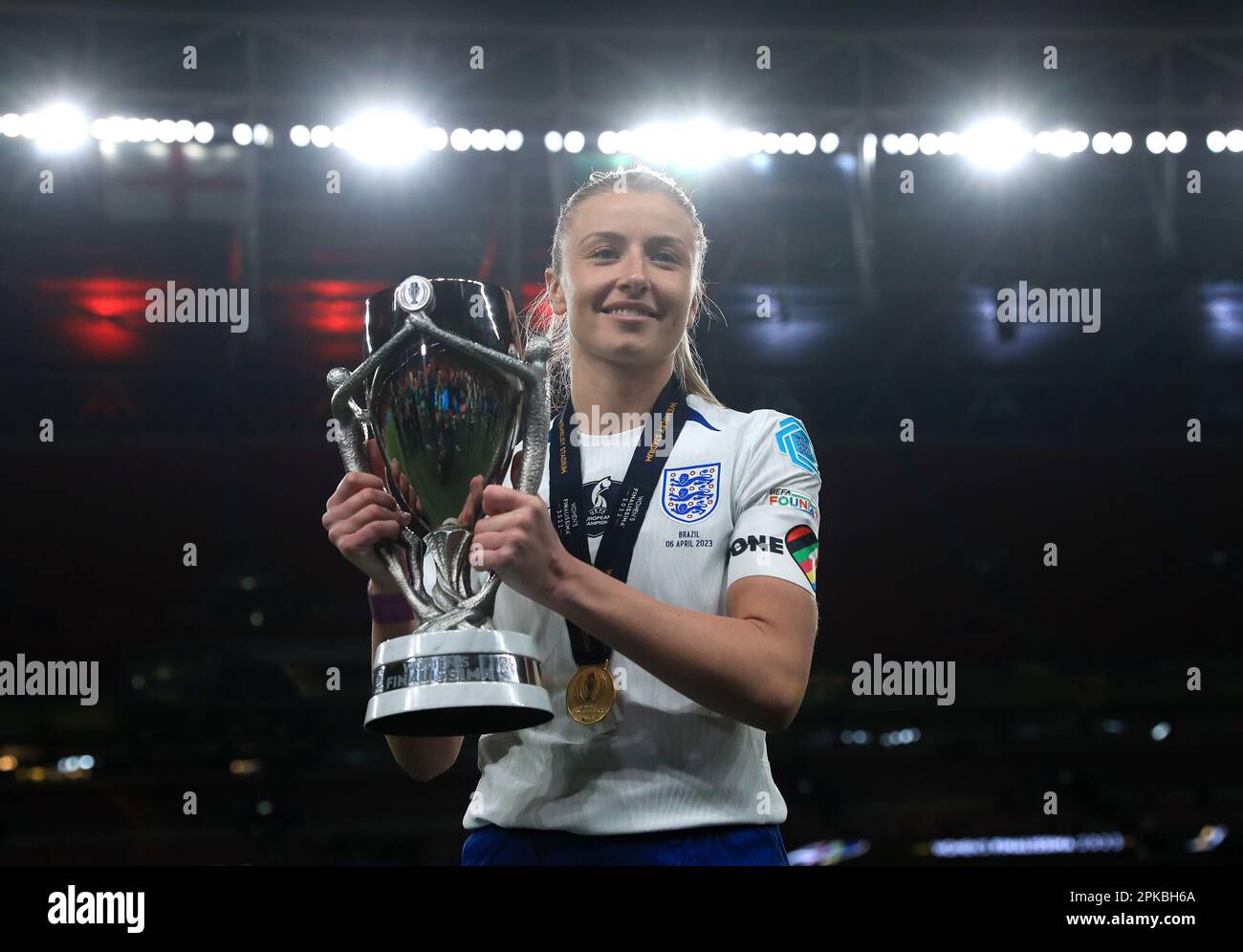 England's Leah Williamson lifts the trophy following the Women's ...