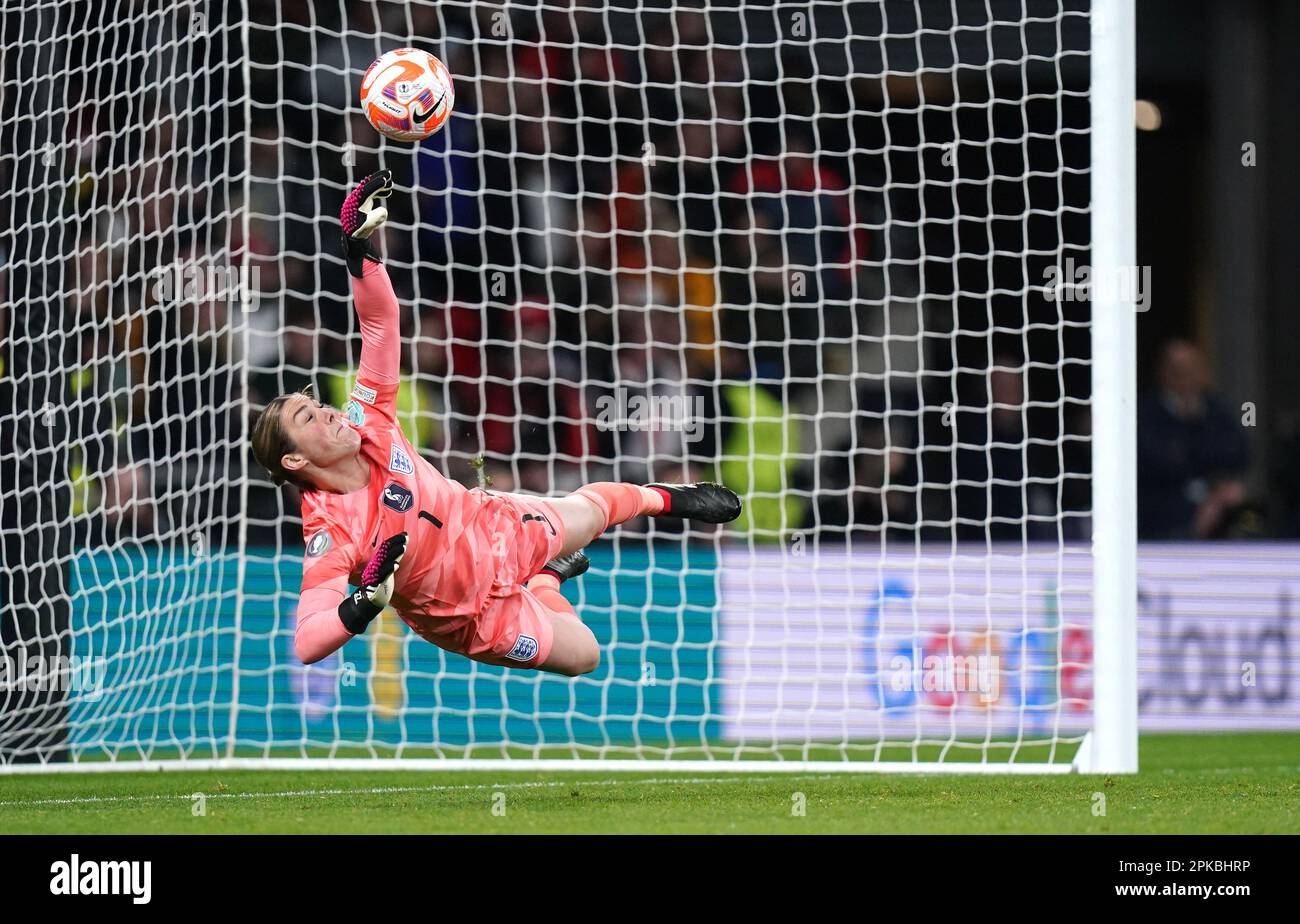England goalkeeper Mary Earps makes a save in the penalty shoot-out ...