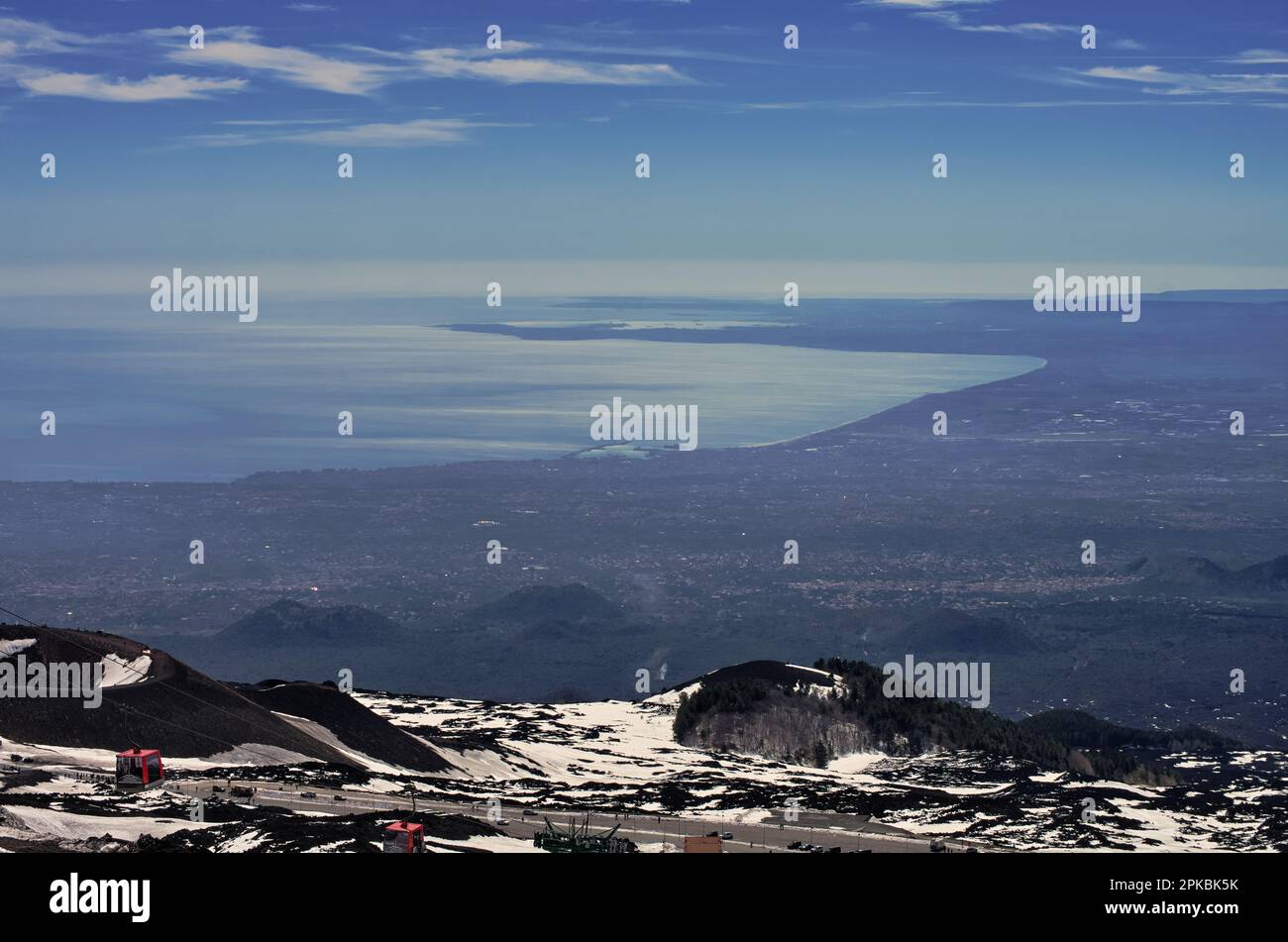 aerial landscape on eastern coast of Sicily with the gulf of Catania ...